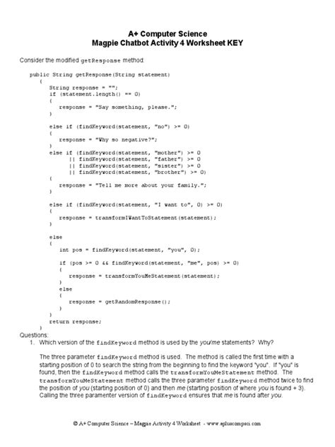 A Computer Science Magpie Chatbot Activity 4 Worksheet Key Pdf
