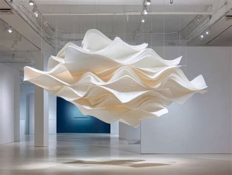 Contemporary Abstract Ceiling Sculpture Floating Above Gallery Floor