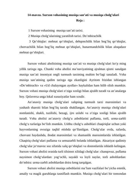Surxon Vohasining Musiqa Sanʼati Va Musiqa Cholgʼulari