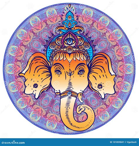 Индусский лорд Ganesha над богато украшенной красочной мандалой Illustra вектора Иллюстрация
