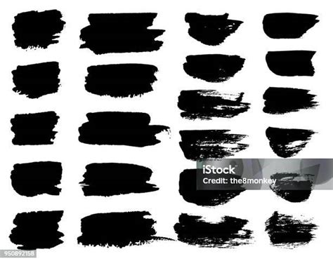 벡터 검은 페인트 브러시 명소 형광펜 줄 또는 펠트 펜 마커 수평 모양 마커 펜 또는 브러쉬 및 대시 잉크 얼룩 추상 모양 얼룩 및 텍스처 세트 얼룩 붓놀림에 대한 스톡