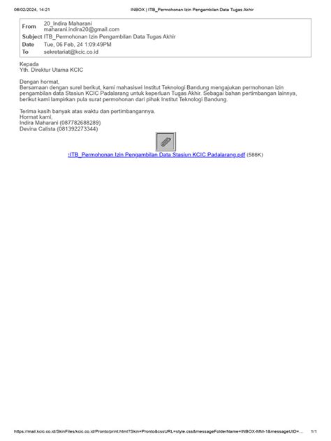 20240202 Itb Ftsl 234 Permohonan Izin Pengambilan Data Stasiun Kcic Padalarang Pdf