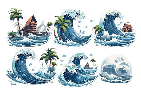 쓰나미 벡터 설정 컬렉션 그래픽 클립 아트 디자인 플랫 벡터 일러스트 레이 션 흰색 배경에 고립 프리미엄 벡터