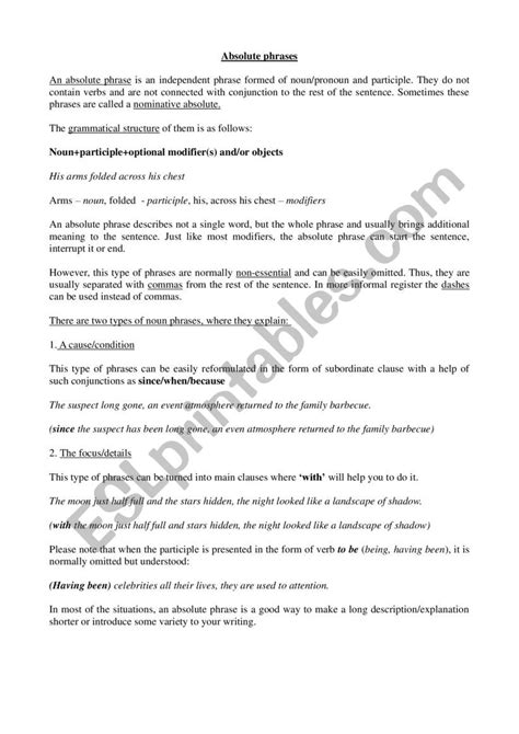 Absolute Phrases Esl Worksheet By Silverthorn3 Worksheets Library