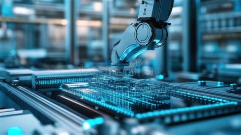 Robotic Arm Picking And Placing Microchip On Circuit Board In Factory Stock Illustration