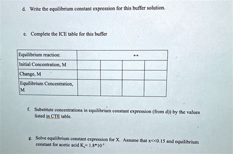 Solved Write The Equilibrium Constant Expression For This Buffer Solution Complete The Ice