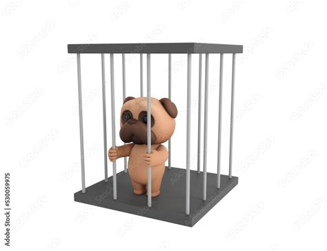 Little Pug Character Inside Steel Cage In 3d Rendering Stock