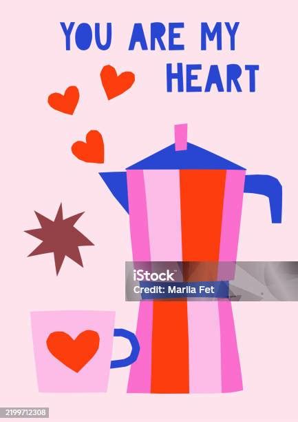 손으로 그린 간단한 그림 커피 포트 와 머그잔 와 하트 와 별 귀여운 컷 아웃 스타일 발렌타인 데이 벡터 카드 강렬하고 밝은 색상에 대한 스톡 벡터 아트 및 기타 이미지