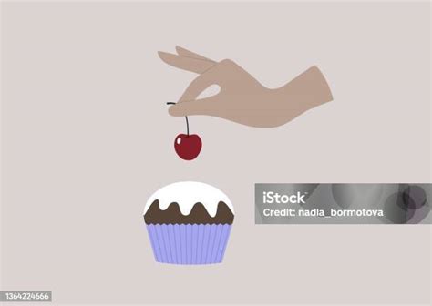 바닐라 아이싱이 달린 머핀 위에 빨간 달콤한 체리를 얹는 손 체리에 대한 스톡 벡터 아트 및 기타 이미지 체리 케이크 손 Istock