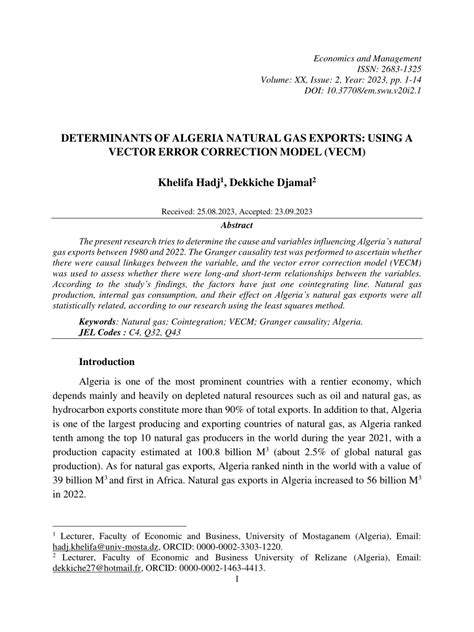 Pdf Determinants Of Algeria Natural Gas Exports Using A Vector Error