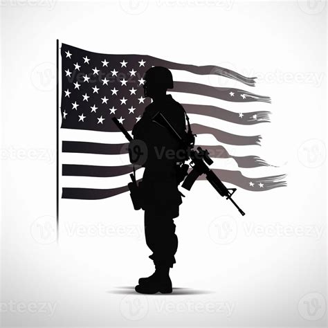 Usa Soldier Silhouette With American Flag Silhouette In Background For