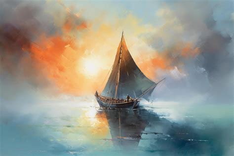 Sailing Into Dawns Embrace An Abstract Painting Of A Sailboat On The