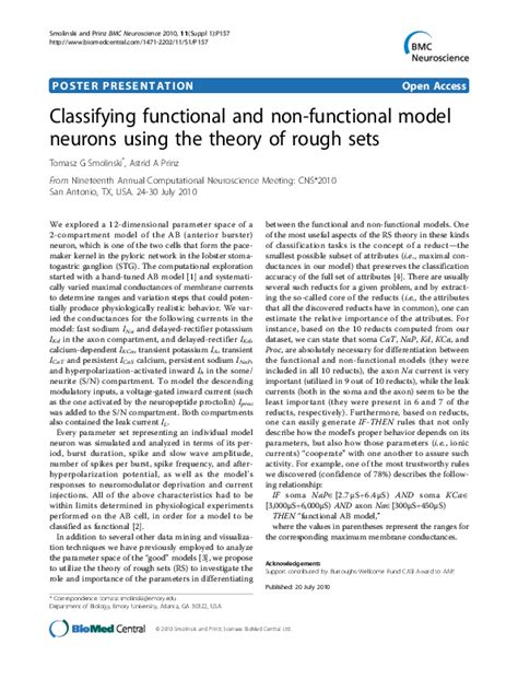Pdf Classifying Functional And Non Functional Model Neurons Using The