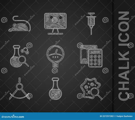 Set Gauge Scale Test Tube Microorganisms Under Magnifier Calculator Drawing Compass Syringe