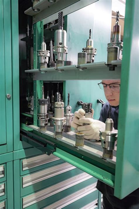 Metal Cutting Cutters For A CNC Machine In A Tool Rack Stock Image Image Of Equipment