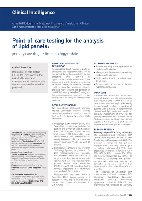 Pdf Point Of Care Testing For The Analysis Of Lipid Panels Primary
