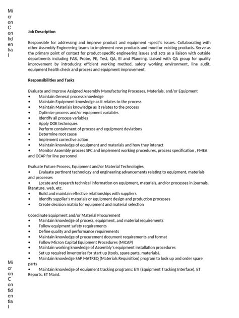 Job Description Engineer Assembly And Test Pdf Engineering Business