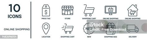 온라인 쇼핑 개요 아이콘 세트에는 얇은 선 가격표 쇼핑 카트 온라인 쇼핑 카트 가방 배달 보고서 프리젠 테이션 다이어그램 웹 디자인의 위치 아이콘이 포함됩니다 가격에 대한