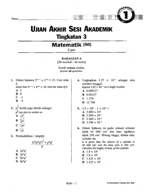 Uasa Form 3 Maths Kertas Model 1 Pdf