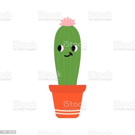 귀여운 얼굴로 냄비에 선인장 식물 평면 스타일의 실내 식물 벡터 일러스트레이션 가정 생활에 대한 스톡 벡터 아트 및 기타 이미지 가정 생활 귀여운 그래픽 프린트