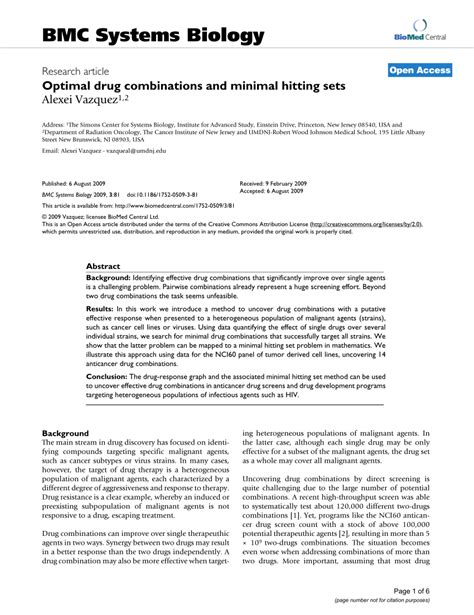 Pdf Vazquez A Optimal Drug Combinations And Minimal Hitting Sets
