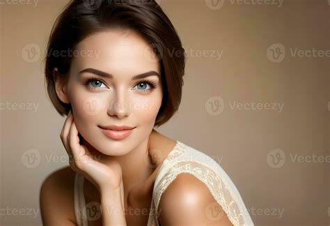 Ai Generated Beautiful Woman Face With Healthy Skin Natural Make Up Short Brunette Hair Beauty