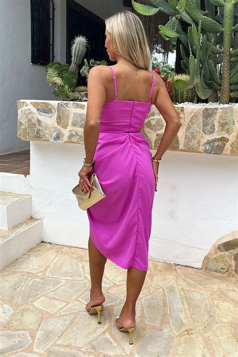Hot Pink Strappy Wrap Top Gathered Skirt Midi Dress Ax Paris