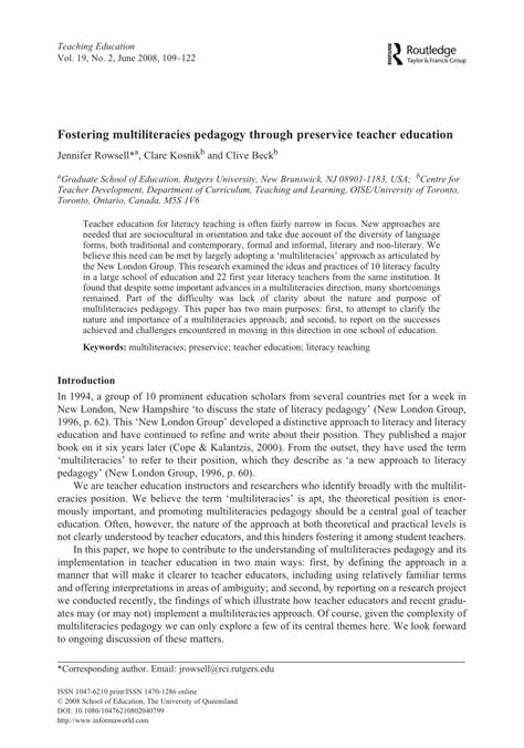 Pdf Fostering Multiliteracies Pedagogy Through Preservice Teacher