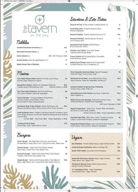 Menu At The Tavern On The Bay Pub And Bar Pentraeth Red Wharf Bay
