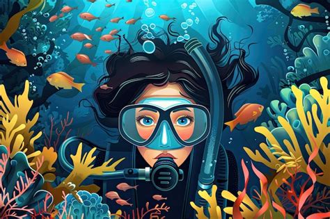 2D Underwater Landscape Woman Scuba Diver Exploring The Sea Bottom Premium AI Generated Image