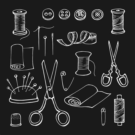 Hand Drawn Sewing Tools Thread Needle Pins Scissors Buttons