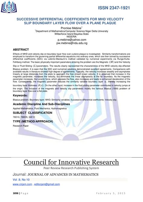 Pdf Successive Differential Coefficients For Mhd Velocity Slip