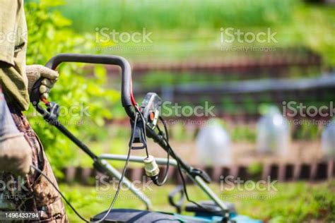 현대 정원이나 뒤뜰의 푸른 잔디에 잔디 이동 잔디밭을 자르는 기계 원예 관리 도구 및 장비 0명에 대한 스톡 사진 및 기타 이미지 Istock