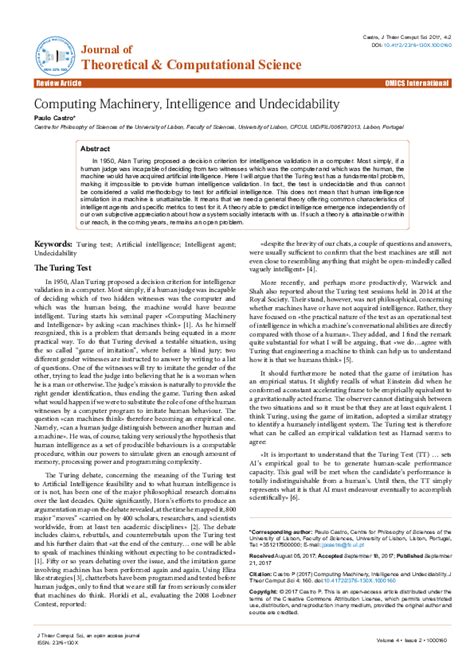 Pdf Computing Machinery Intelligence And Undecidability