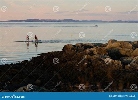 with trondheim fjord sup board three people on water rocks sunset