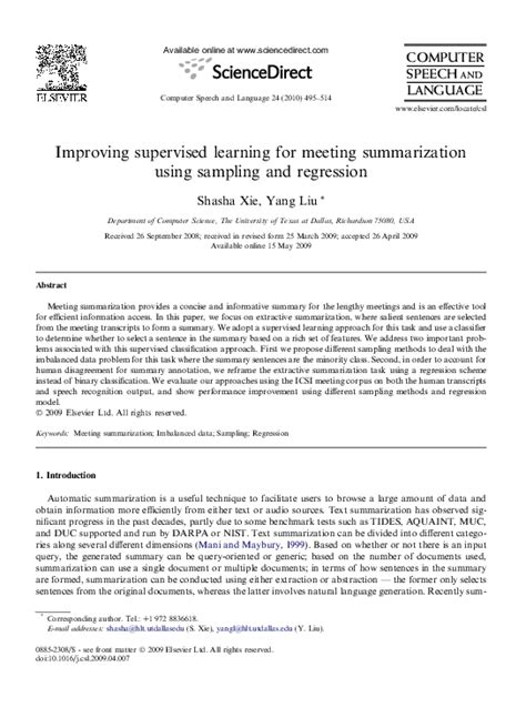 Pdf Improving Supervised Learning For Meeting Summarization Using Sampling And Regression