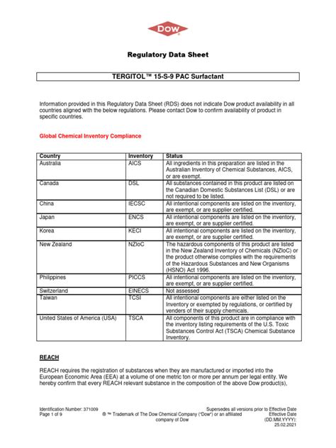 Tergitol 15 S 9 Surfactant Regulatory Data Sheet 000000185670 Pdf