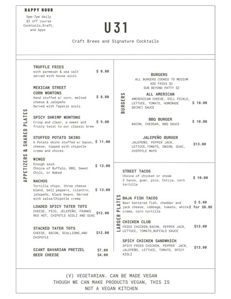 Food Menu U31 Bar North Park
