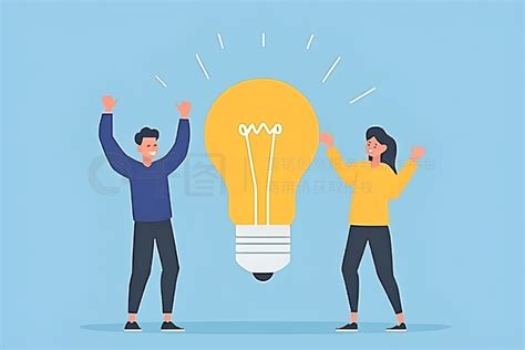Ideaai数字艺术 Idea卡通风格成年男女庆祝分享想法蓝色黄色灯泡插画 Ai平面元素免费下载png格式4032像素编号71768074 千图网
