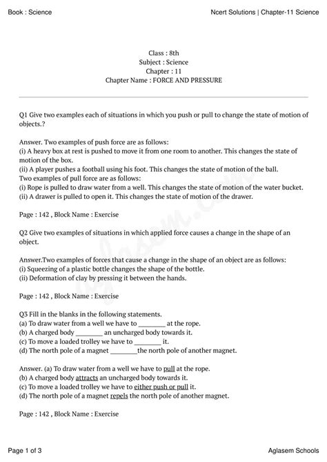 Ncert Solutions Class 8 Science Chapter 11 Force And Pressure