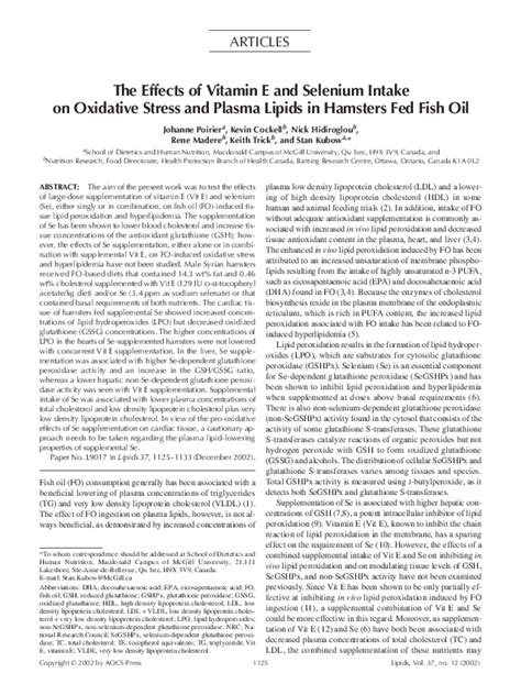 Pdf The Effects Of Vitamin E And Selenium Intake On Oxidative Stress