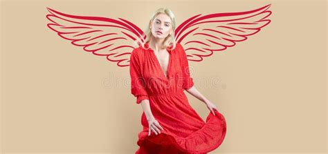 Sensual Woman Angel With Wings Valentines Day Panoramic Photo Banner Woman Dancer Wearing Red