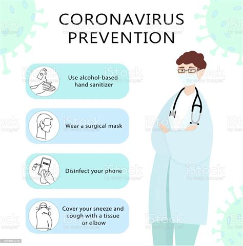 코로나 바이러스를 방지하기위한 조치를 보여주는 인포 그래픽 마스크의사는 19의 위생 규칙을 보여줍니다 소독제 소독 전화 팔꿈치에 기침 벡터 플랫 일러스트레이션입니다