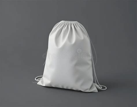 Standing White Drawstring Bag On Gray Background For Mockup Display