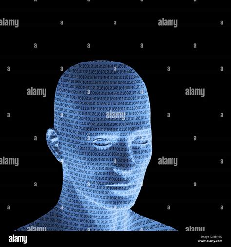 Human Head With Binary Code Isolated Against Black Background Stock