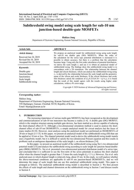 Subthreshold Swing Model Using Scale Length For Sub 10 Nm Junction Based Double Gate Mosfets Pdf
