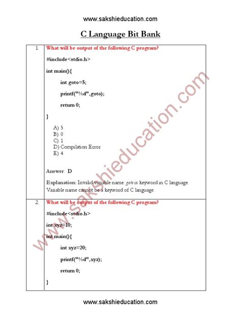 C Language Questions Answers Explanation Pointer Computer
