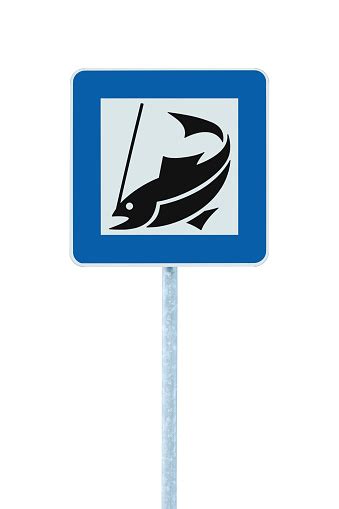 물고기 캠프 도로 표지판 고립 된 길가 지원 낚시 지역 장소 표지판 회색 기둥 포스트 큰 상세한 수직 파란색 프레임 흰색 사각형