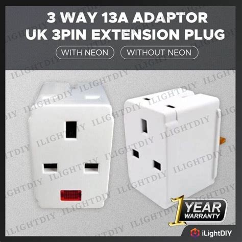 13a 3 Way Adaptor Uk 3pin Extension Plug And Socket With Neon Without