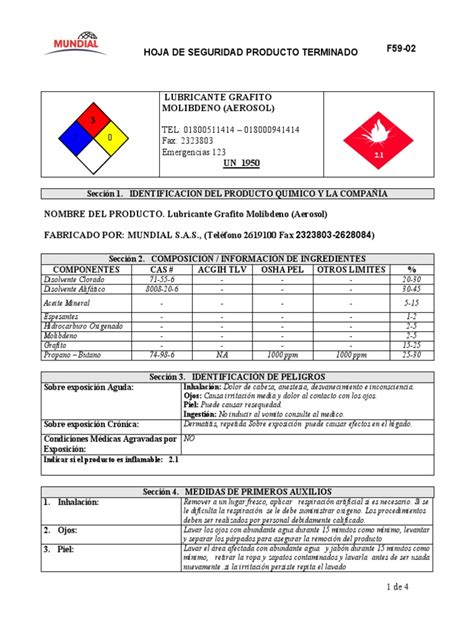 Hoja De Seguridad Lubricante Grafito Molibdeno Pdf Aerosol Molibdeno